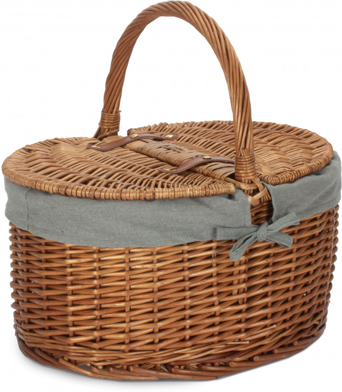 Light Steamed Oval Lidded Hamper With Grey Sage Lining - Empty Hampers