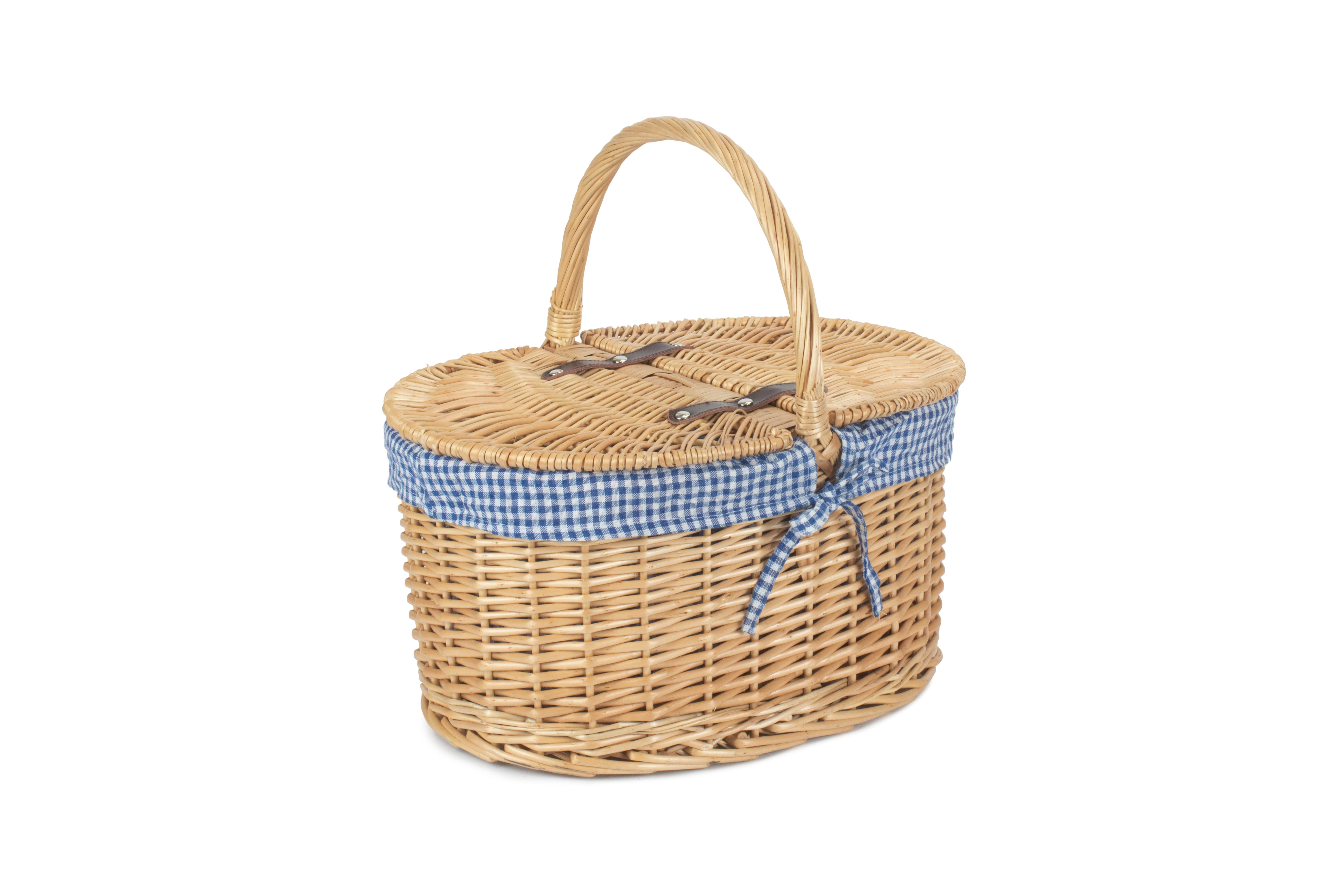 Oval Lidded Hamper With Blue & White Checked Lining - Empty Hampers